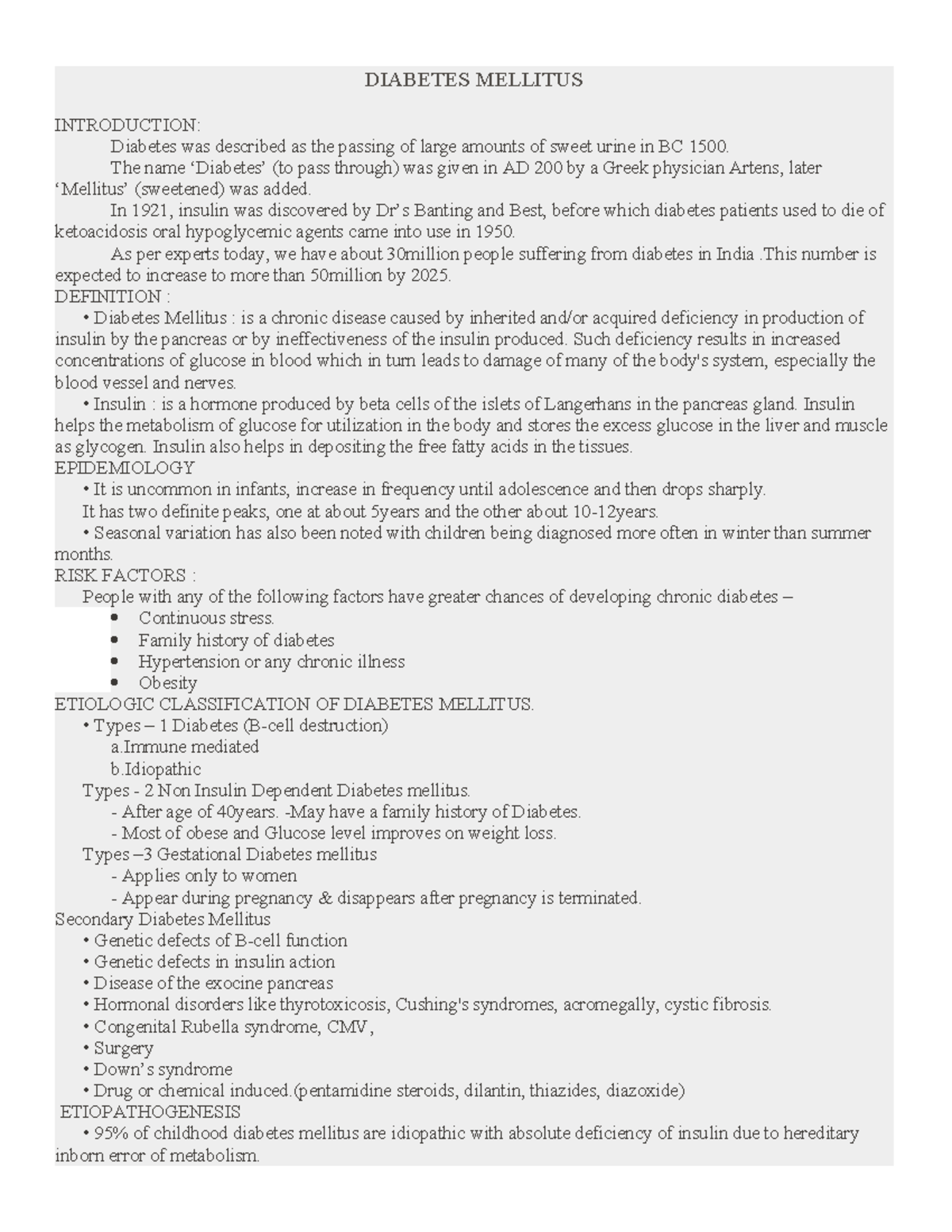 Diabetes Mellitus Overview - Key Notes and Insights for Study - Studocu