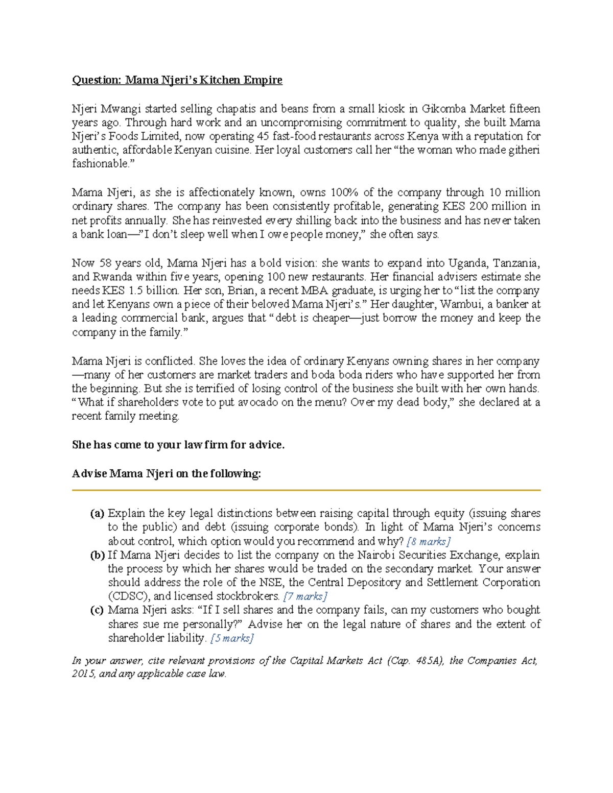Lecture 3 Practice Question: Mama Njeri's Capital Raising Dilemma - Studocu