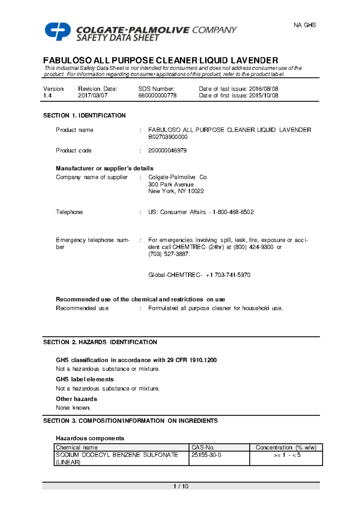 SDS Fabuloso - FICHA TECNICA - FABULOSO ALL PURPOSE CLEANER LIQUID ...