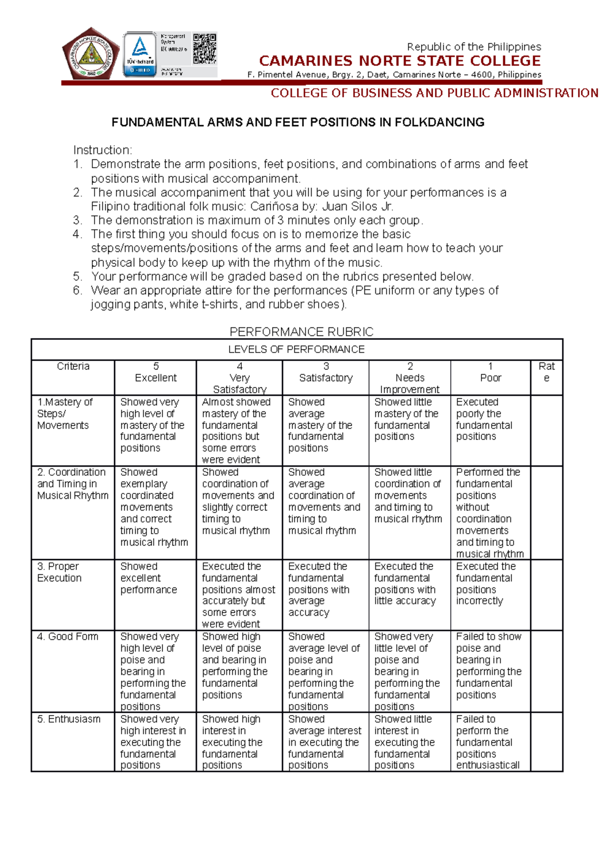 Folk Dance Positions Performance Guidelines (PE 101) - Studocu