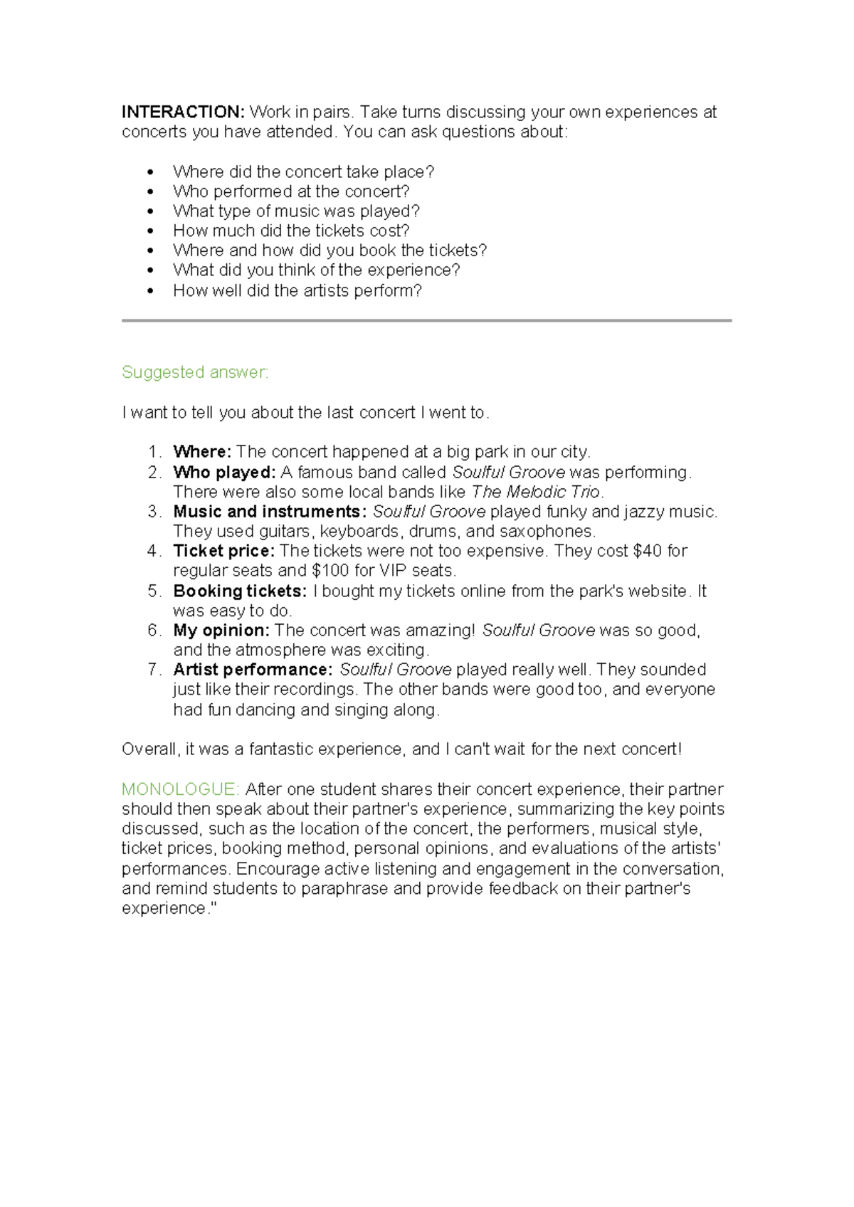 A2 - Concert Experience Monologue and Discussion Guide - Studocu