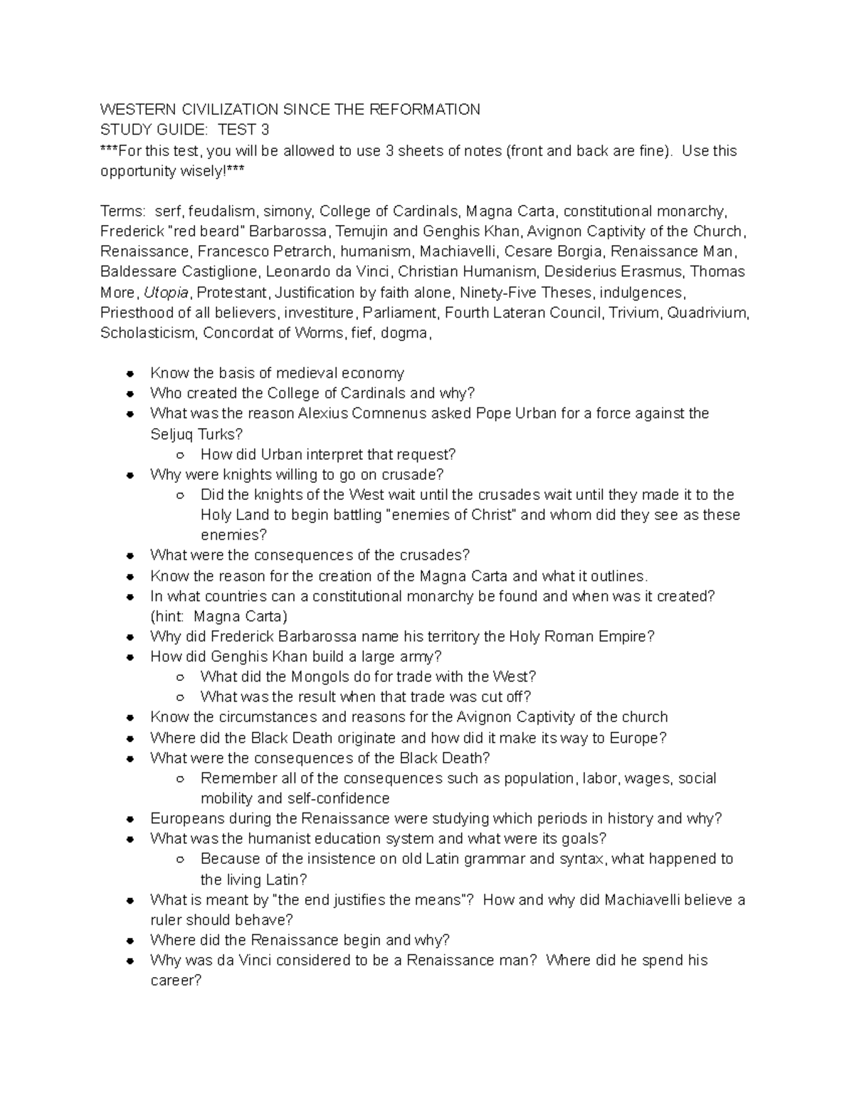 HIS-101-014 Final Study Guide: Western Civilization Since Reformation ...