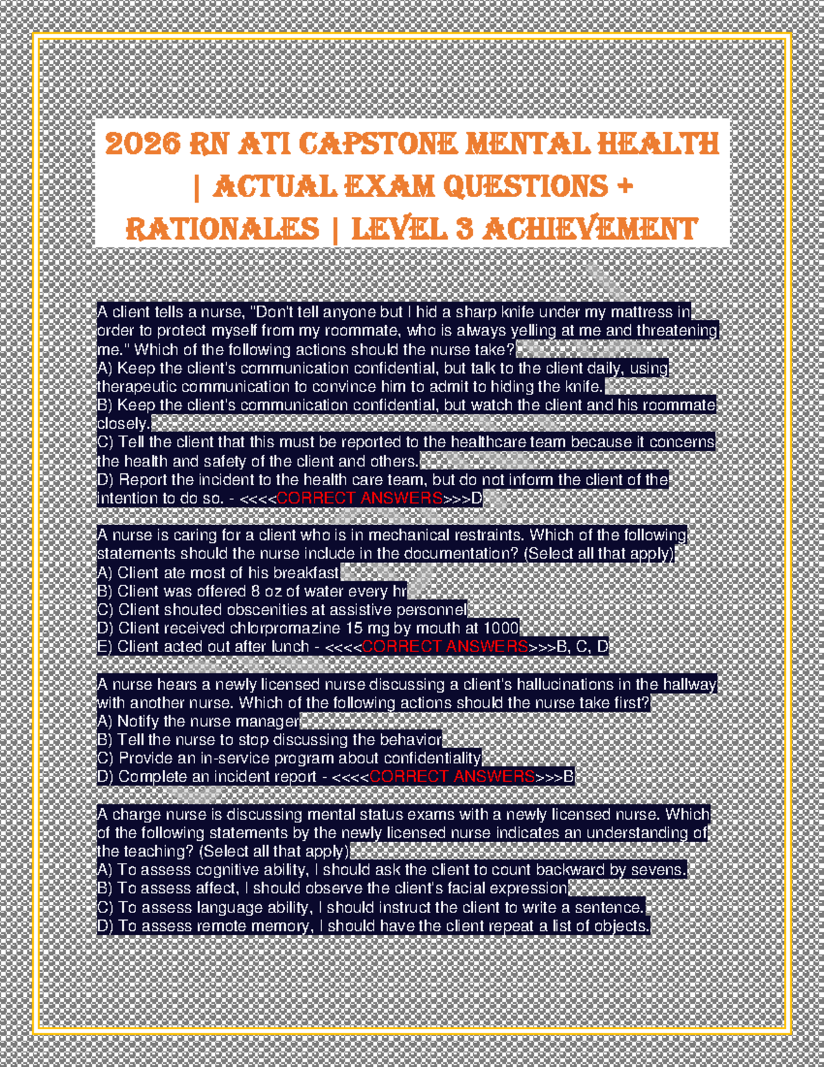 2026 RN ATI Capstone Mental Health Exam Questions & Rationales - Studocu