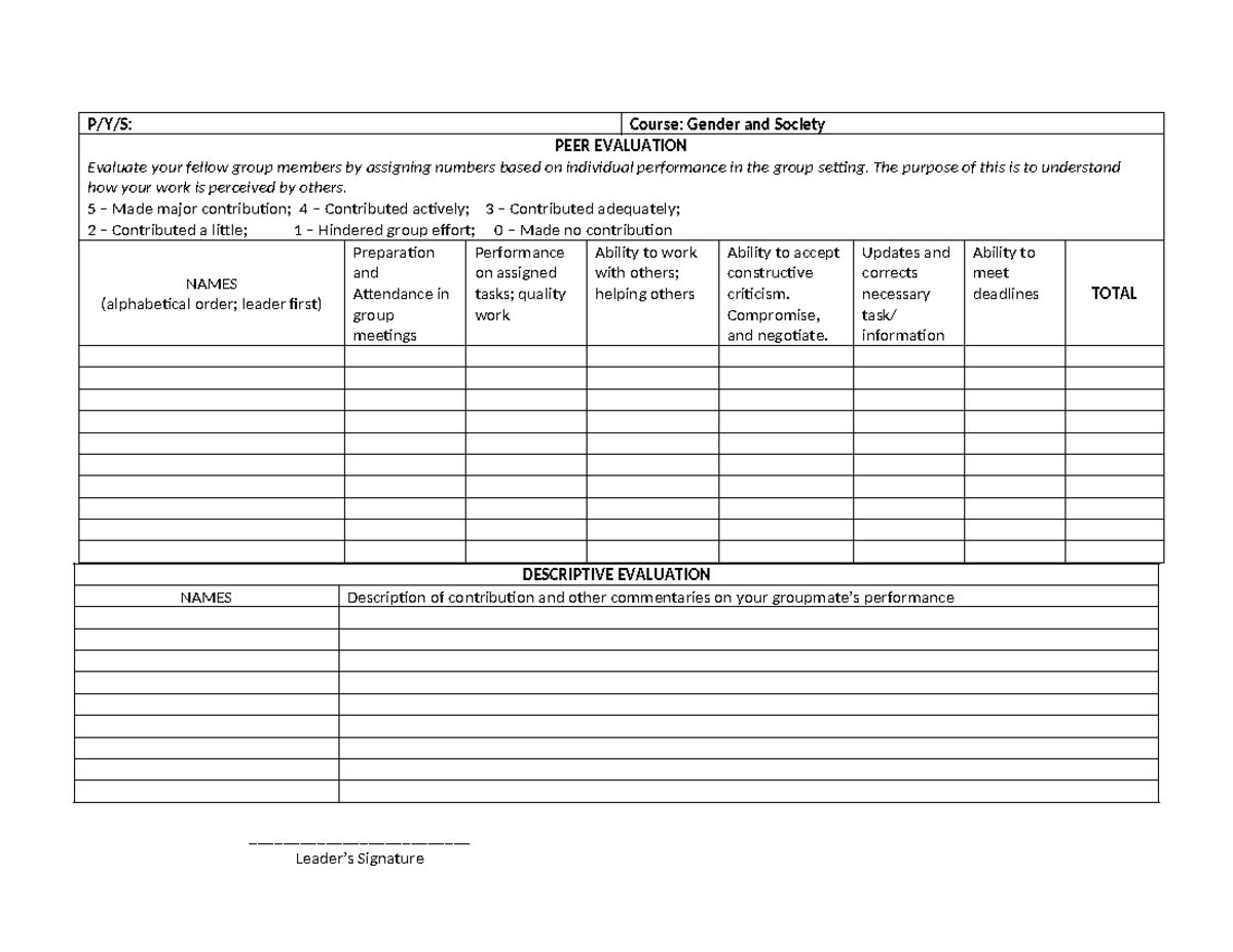 Gender and Society PEER EVALUATION: Group Member Assessment - Studocu