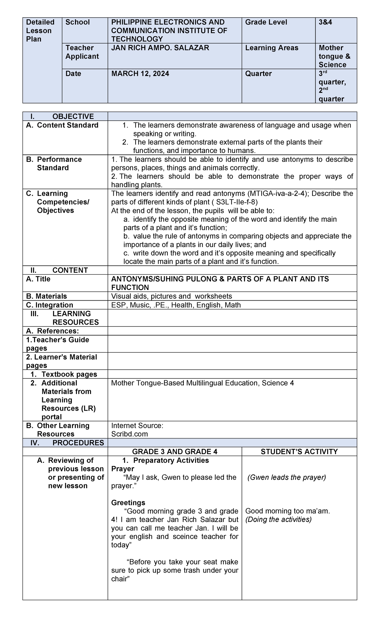 LP- Gavino- Salazar: Detailed Lesson Plan for Multi-Grade Teaching ...