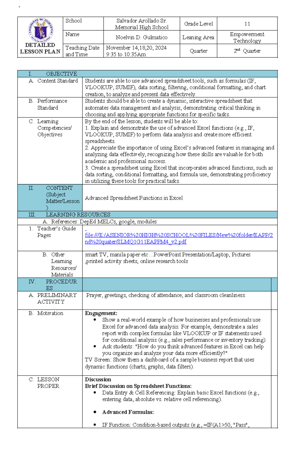 Advance spredsheet 2nd quarter - ‘ DETAILED LESSON PLAN School Salvador ...