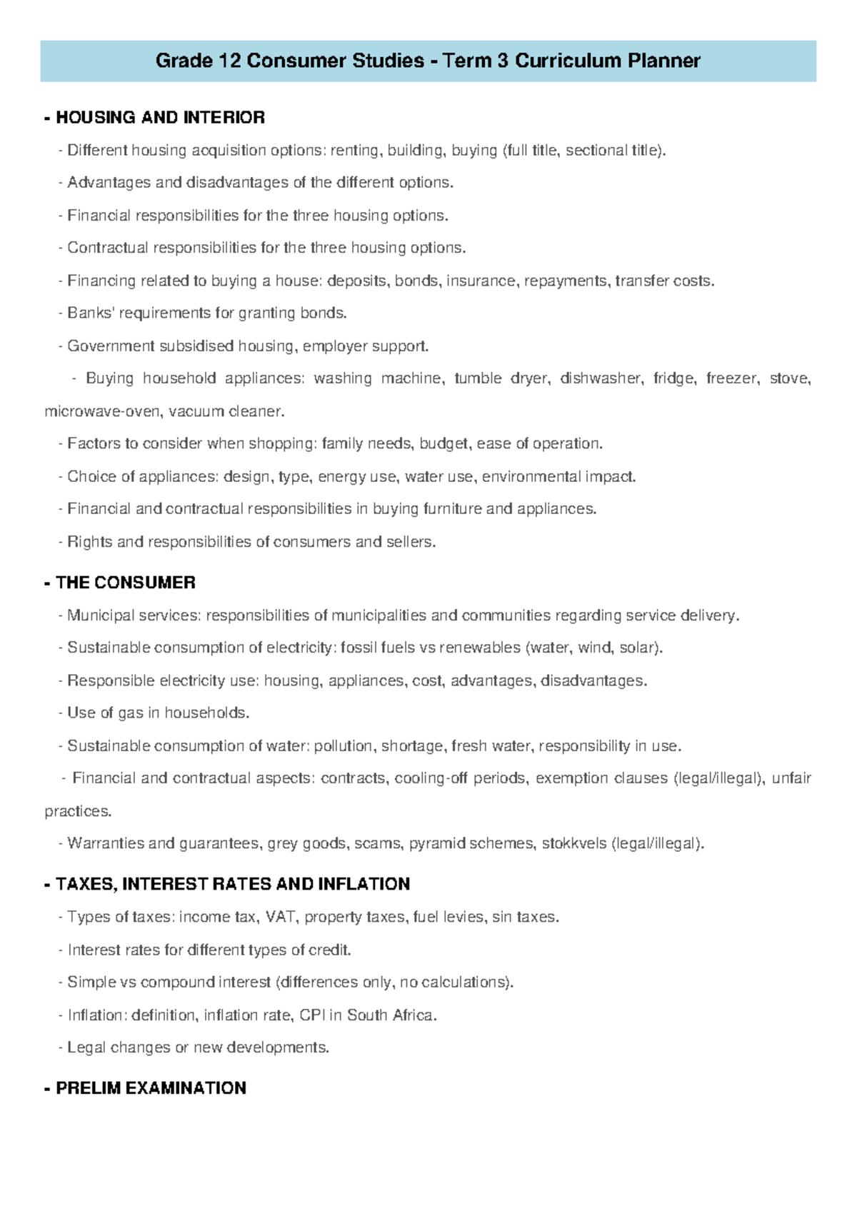 Grade 12 Consumer Studies Term 3 Curriculum Planner: Housing & Consumer ...