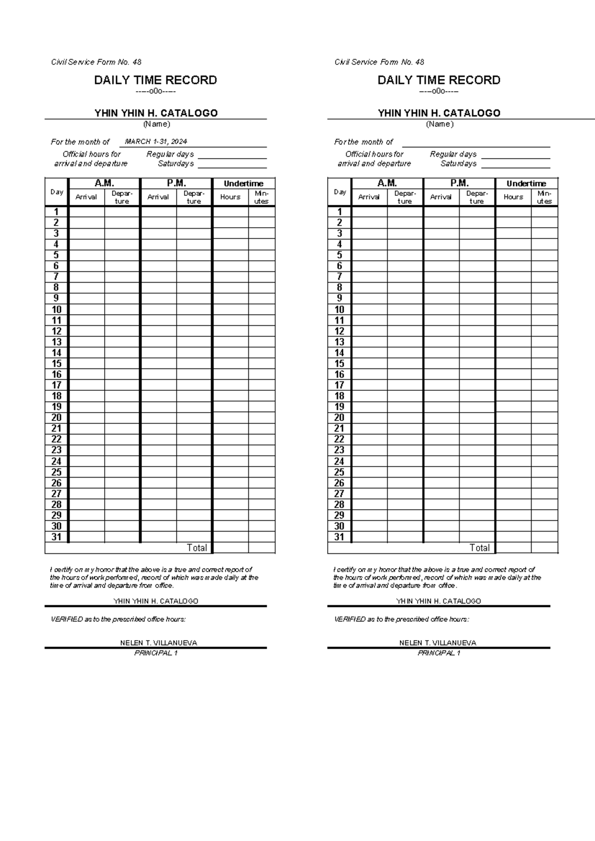 Civil Service Form No. 48: Daily Time Record for March 2024 - Studocu