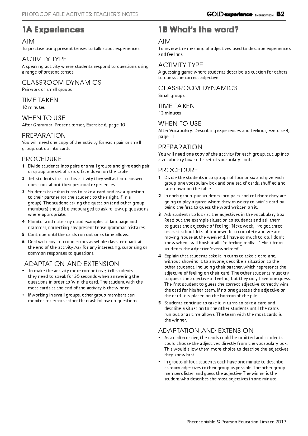 Gold Exp B2 Photocopiable Activities: Notes for Speaking and Grammar ...