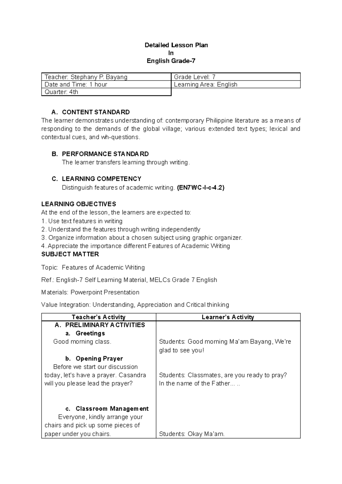 Detailed Lesson Plan: Features of Academic Writing (EN7WC-I-c-4.2 ...
