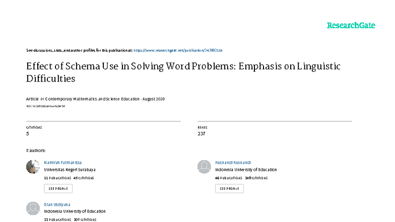 Effect of Schema Use in Solving Word Problems: Linguistic Challenges ...
