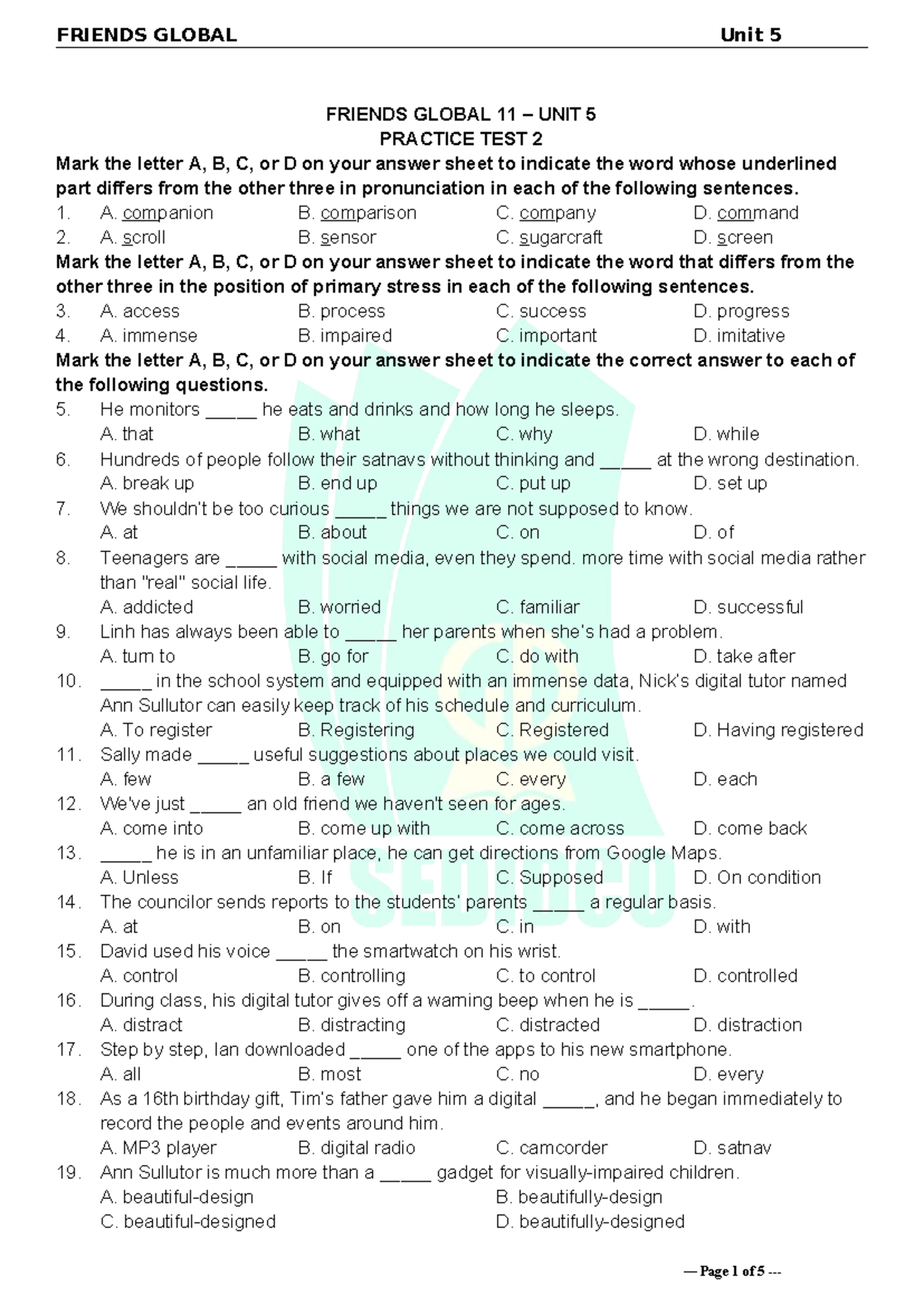 Tieng Anh 11 FRIENDS GLOBAL Unit 5 Practice Test 2 - Studocu