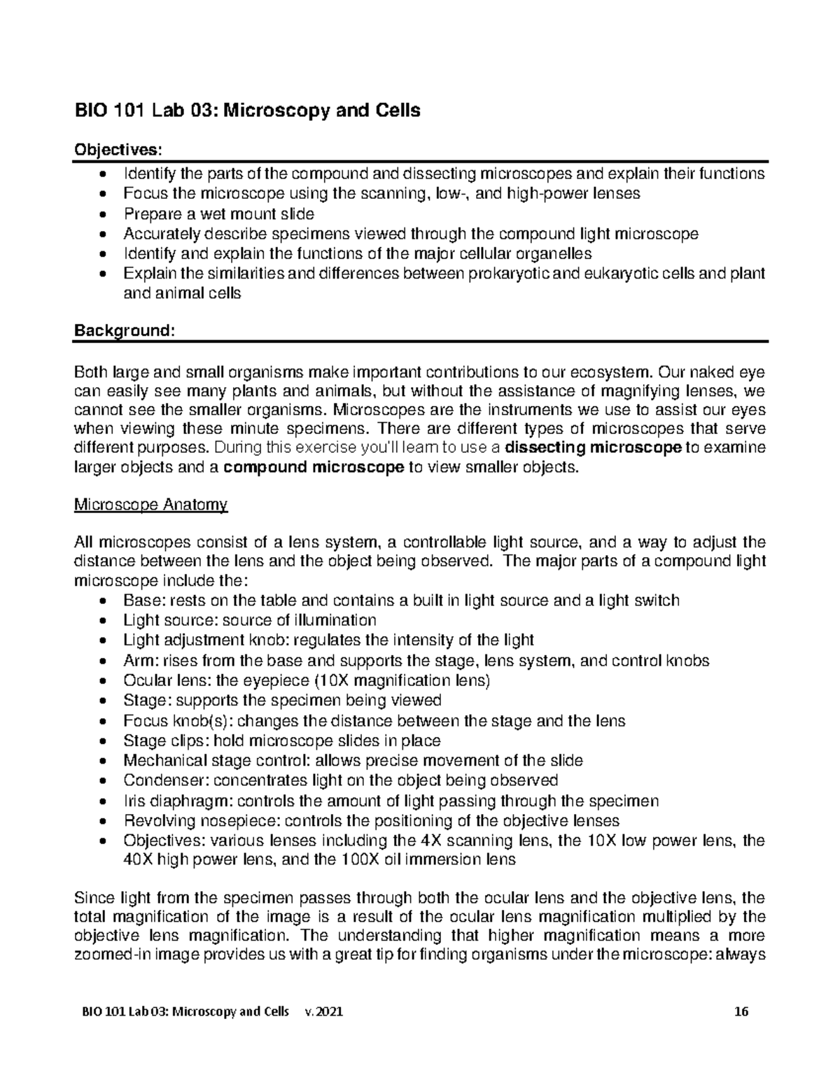 BIO101 Lab 3 Worksheet: Exploring Microscopy and Cell Structures - Studocu