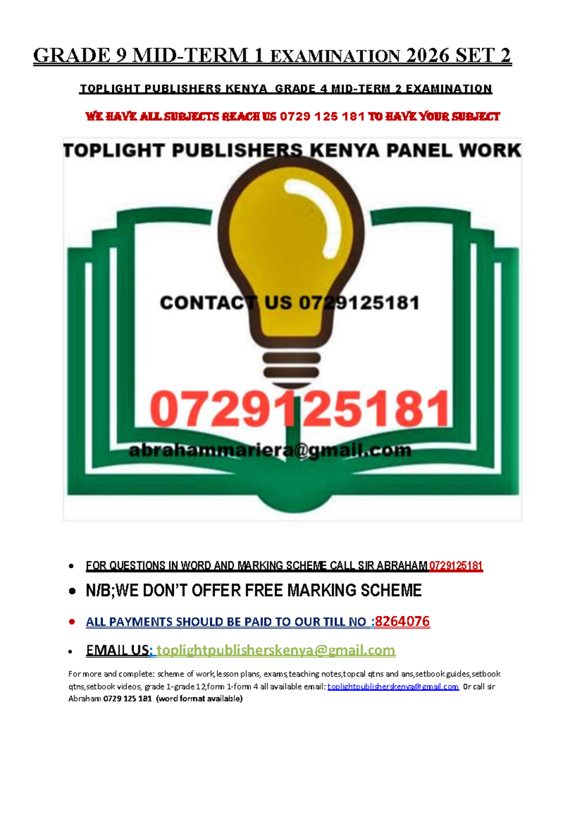 Grade 9 Mid-Term 1 Examination 2026 Set 2 - All Subjects - Studocu