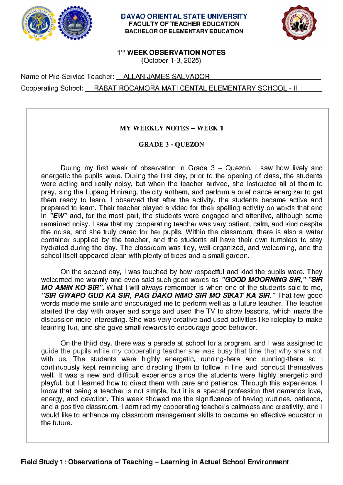 1st Week Observation Notes - Field Study 1 (BEED) - Studocu