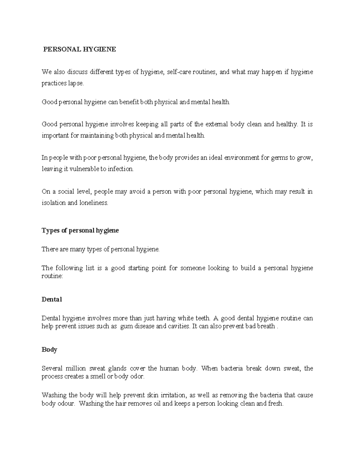 Personal Hygiene - Comprehensive Study Notes - Studocu