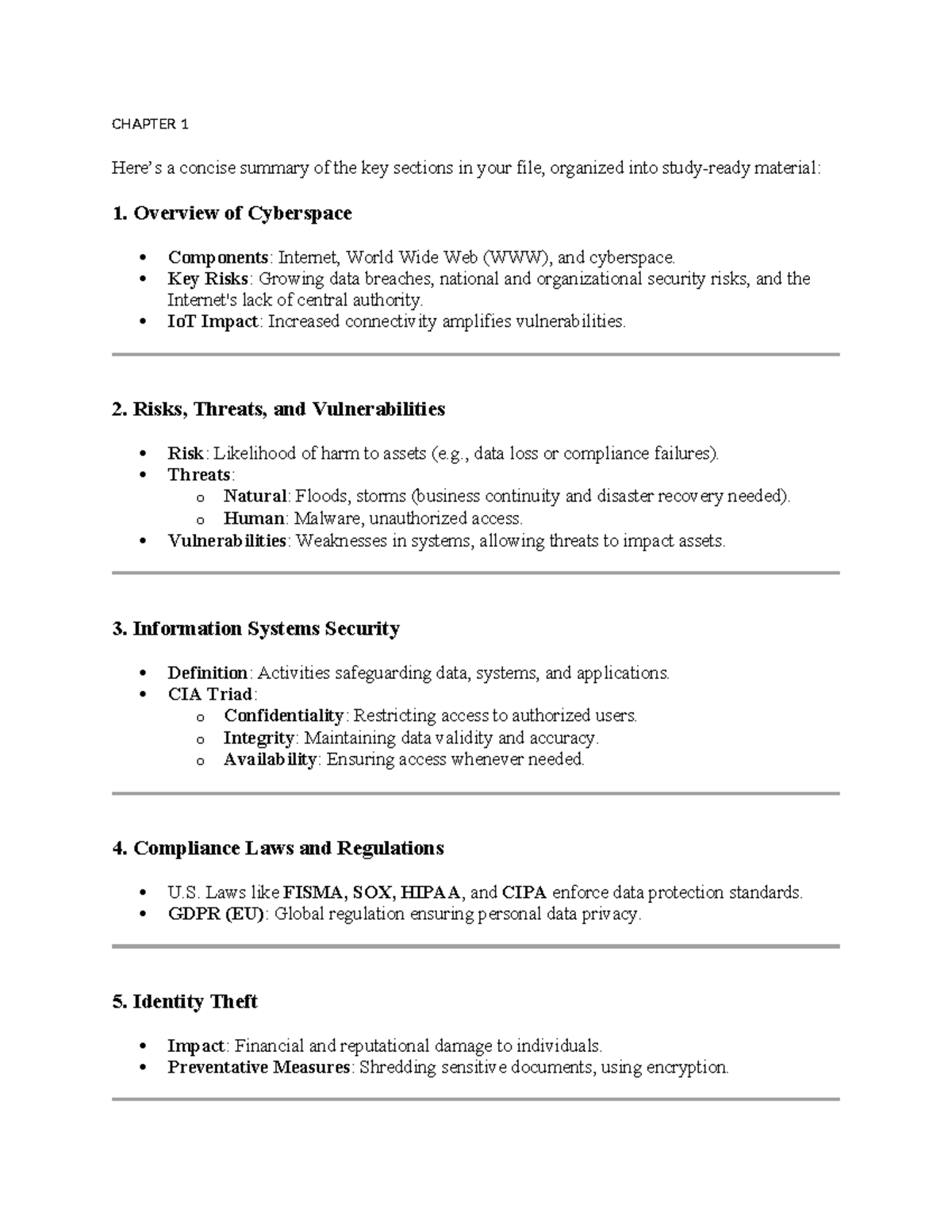 Risk Management & Information Security Overview - Key Study Concepts - CHAPTER 1 Here’s a ...