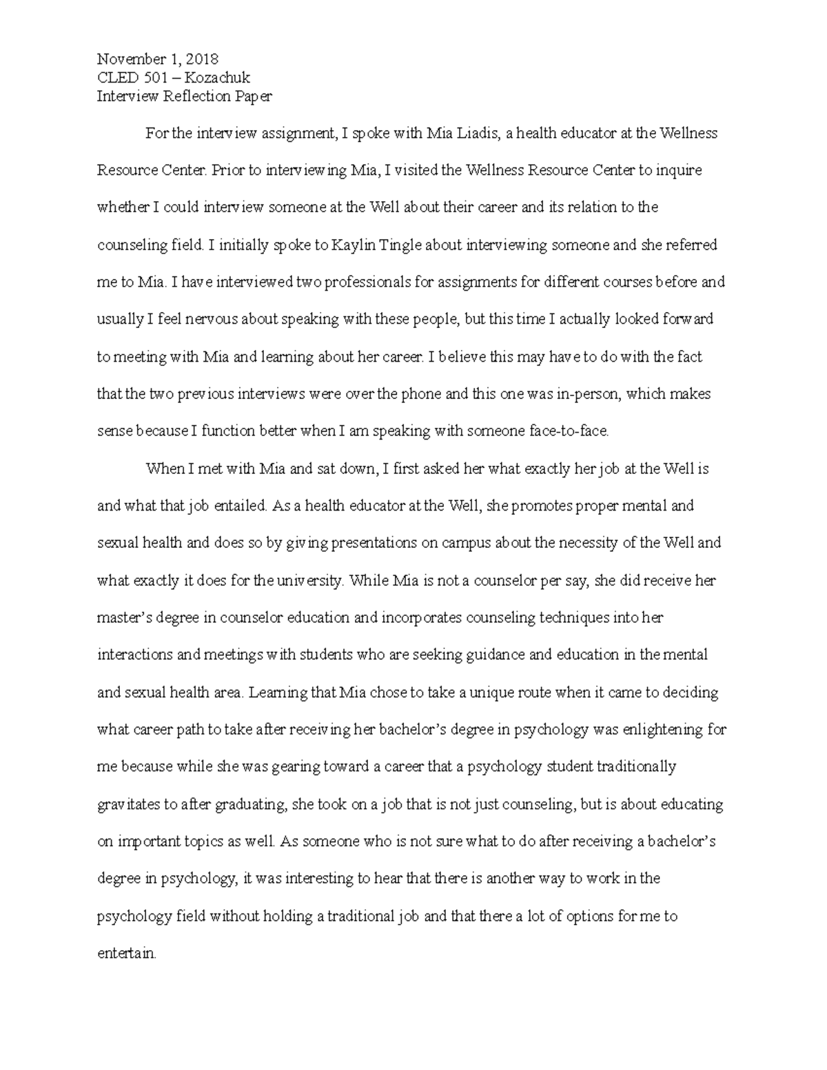 Interview Reflection Paper - November 1, 2018 CLED 501 – Kozachuk ...