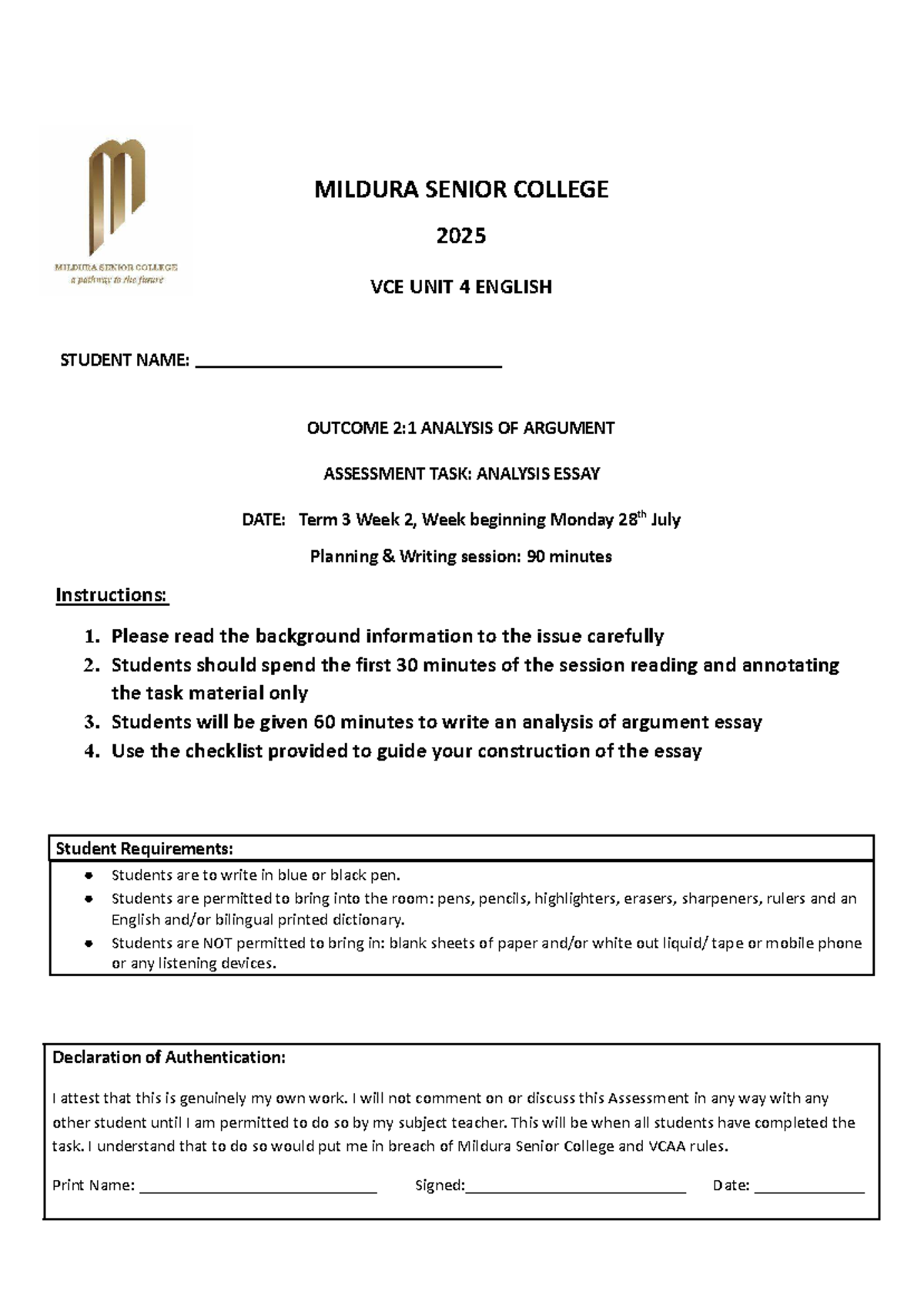 2025 VCE Unit 4 English Outcome 2: Analysis of Argument Essay - Studocu