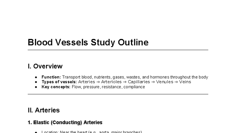 Blood Vessels Study Outline: Structure, Function & Regulation - Studocu