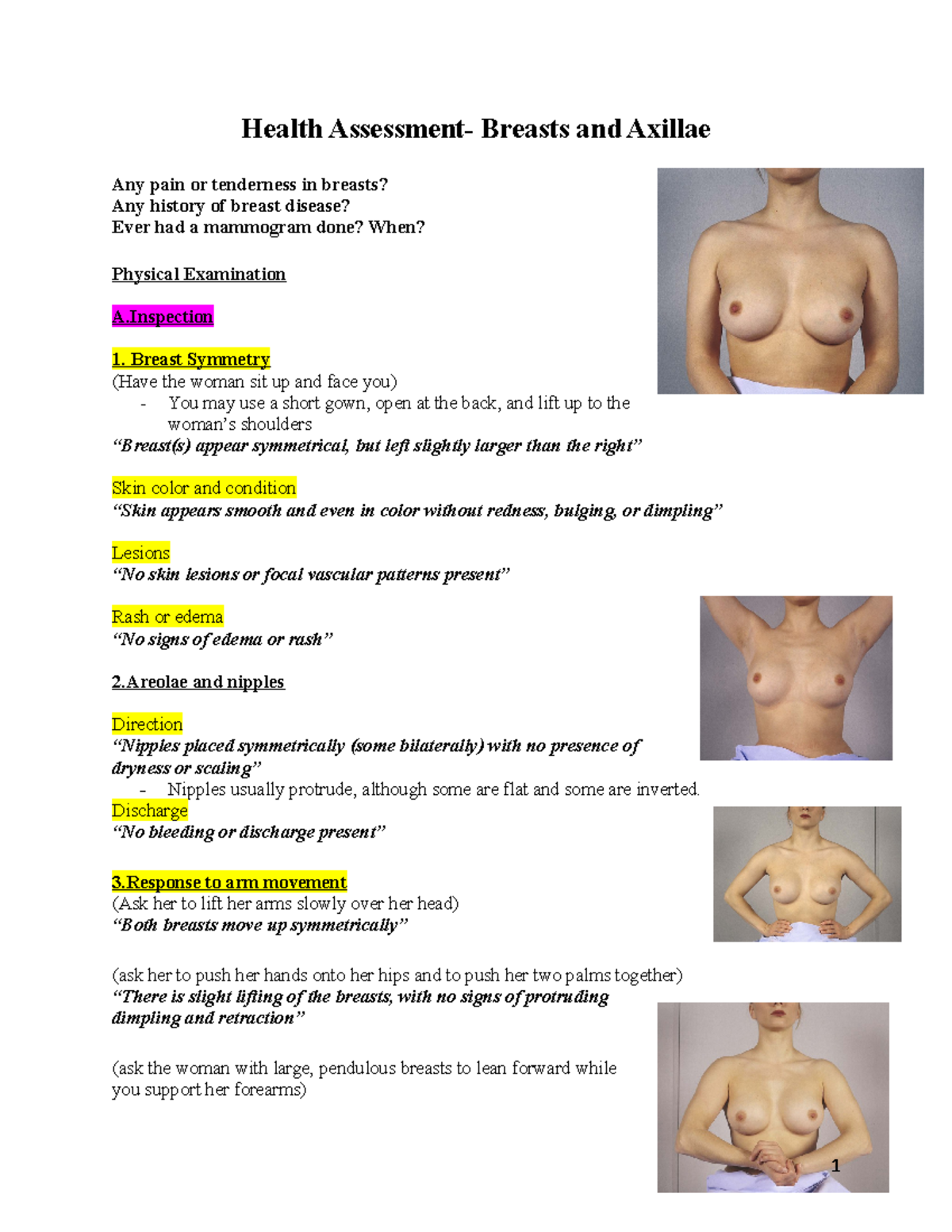 Health Assessment: Breasts and Axillae Examination Guide - Studocu