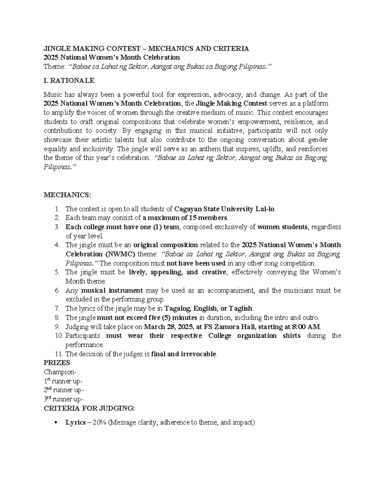 Jingle & Vlogging Contest Guidelines for 2025 Women's Month Celebration ...