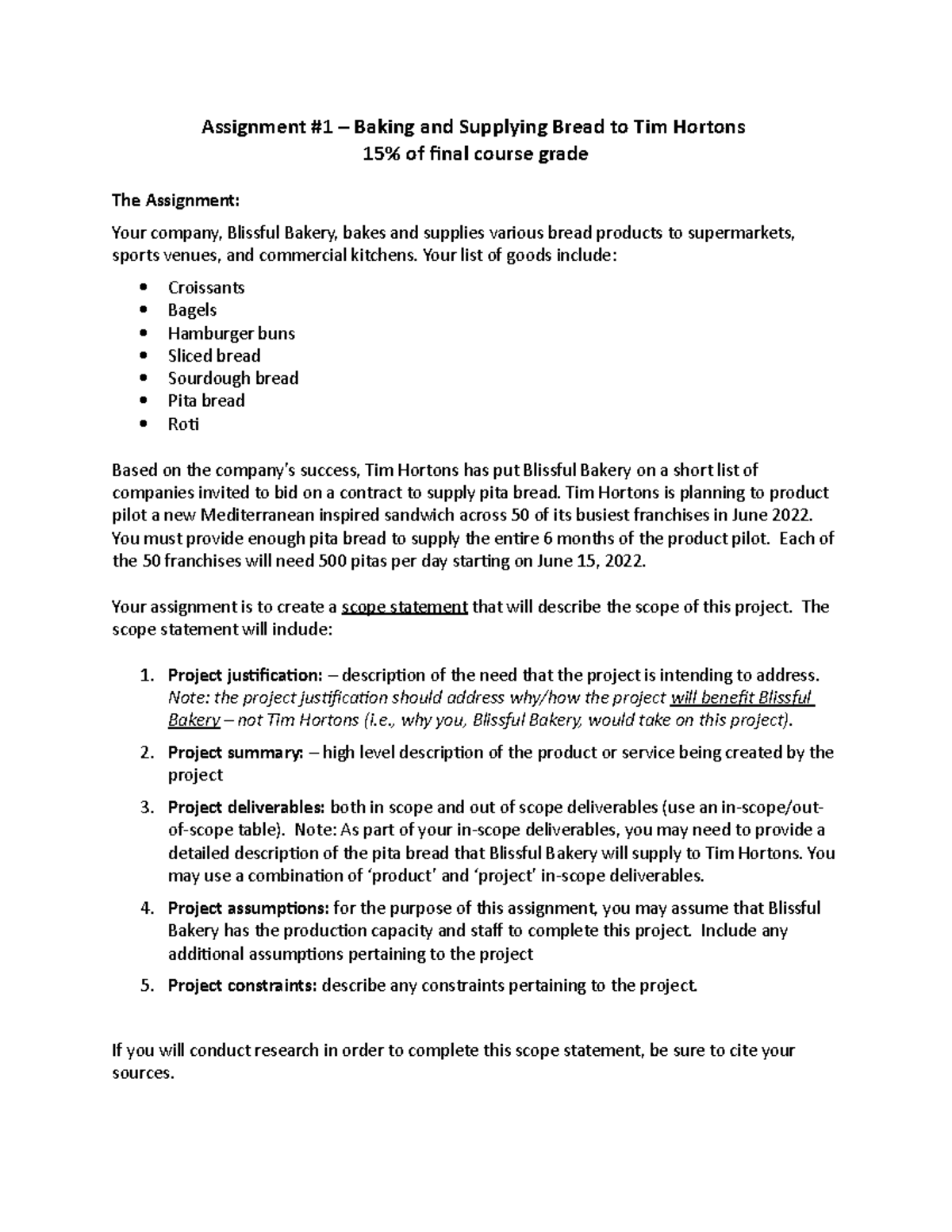 Assignment #1 - Bakery Scope Statement(1) - Assignment #1 – Baking and Supplying Bread to Tim ...