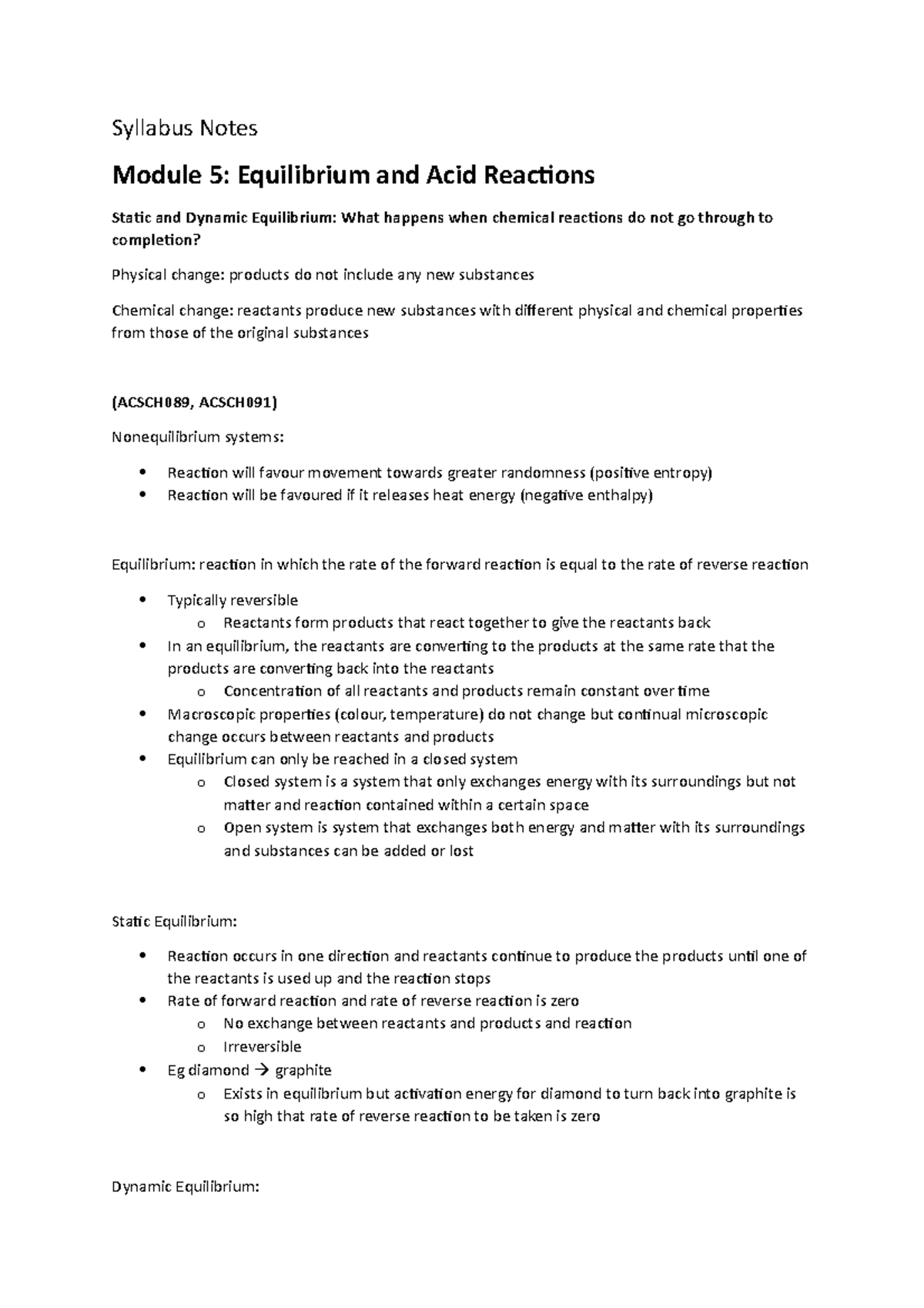 HSC Chemistry Notes for Modules 5 & 6: Equilibrium and Acid-Base ...