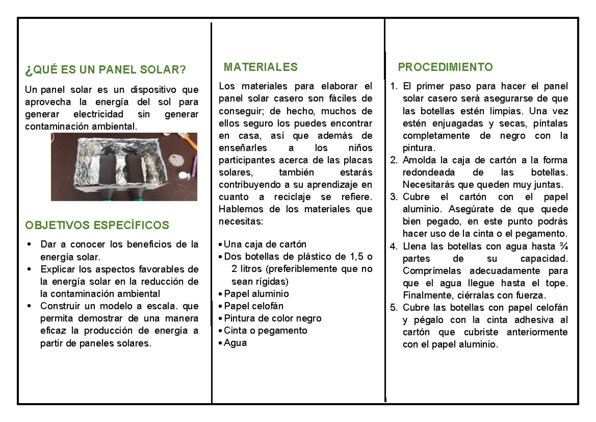 Triptico - ES UN EPERIMENTO - ¿QUÉ ES UN PANEL SOLAR? Un panel solar es ...