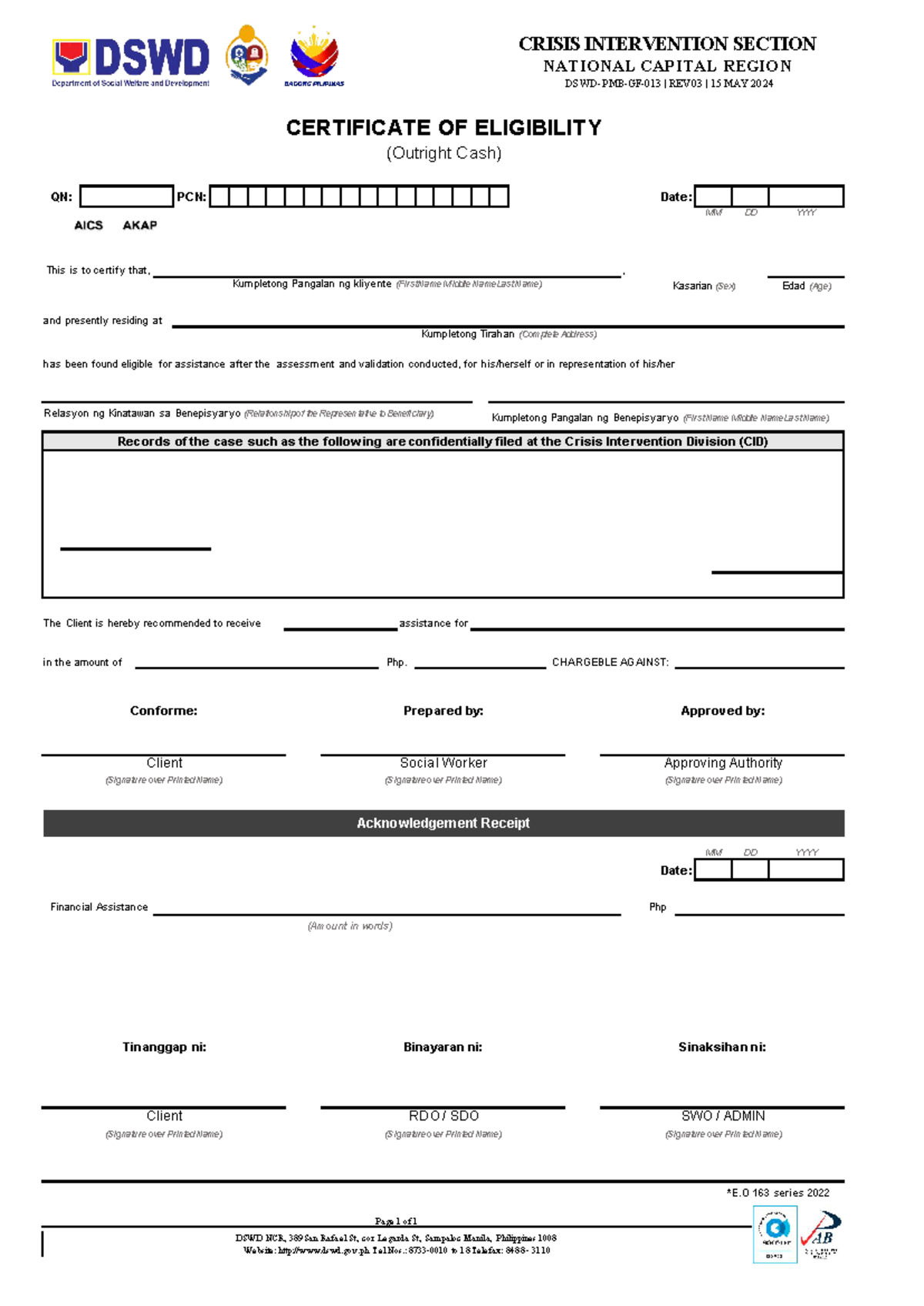 DSWD COE - Certificate of Eligibility for Assistance (2024) - Studocu