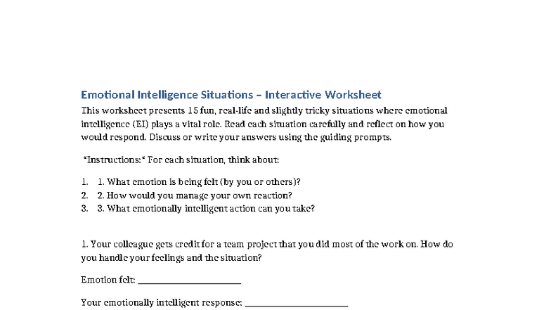 Emotional Intelligence Situations Worksheet: Reflect & Respond - Studocu