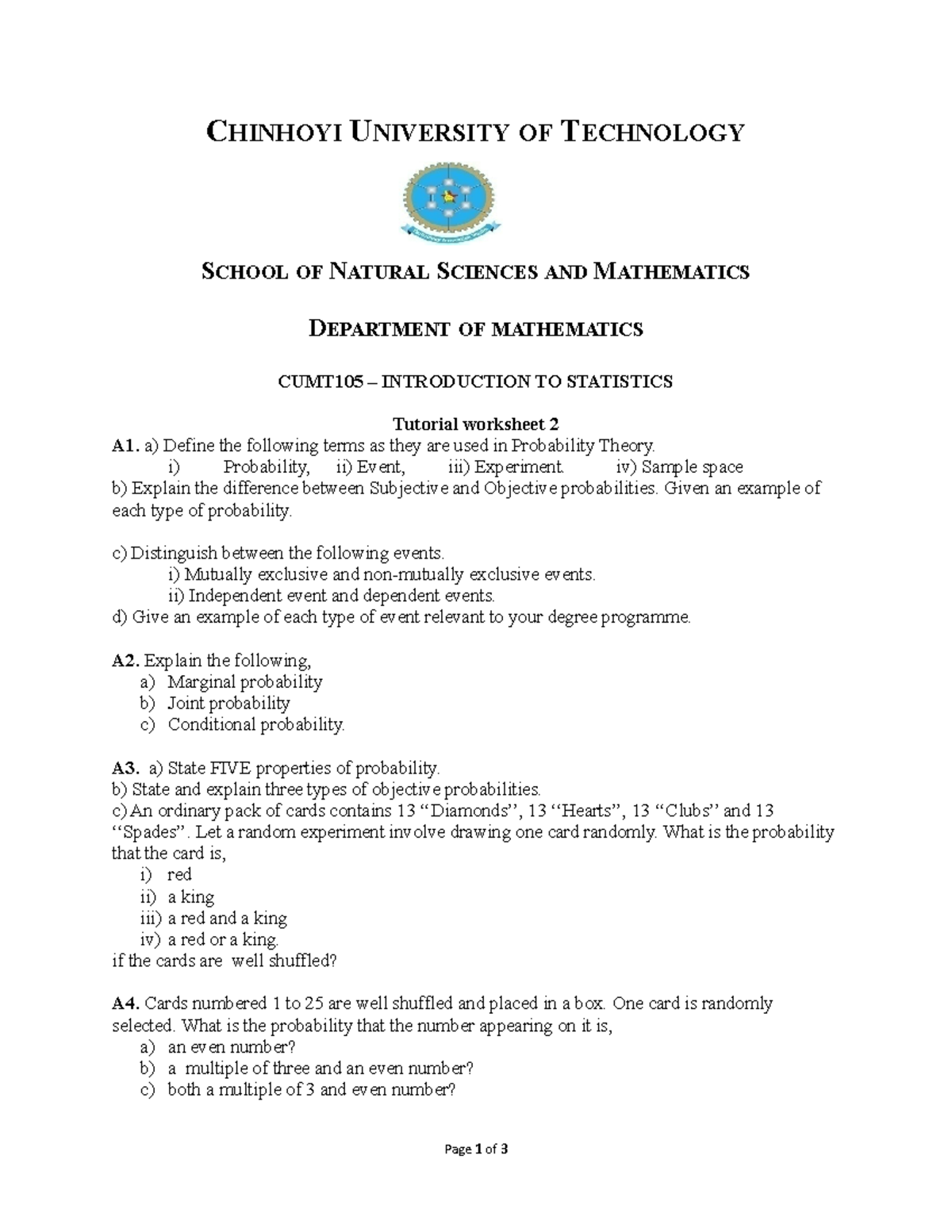 Tutorial worksheet 2 intro to stats - CHINHOYI UNIVERSITY OF TECHNOLOGY ...