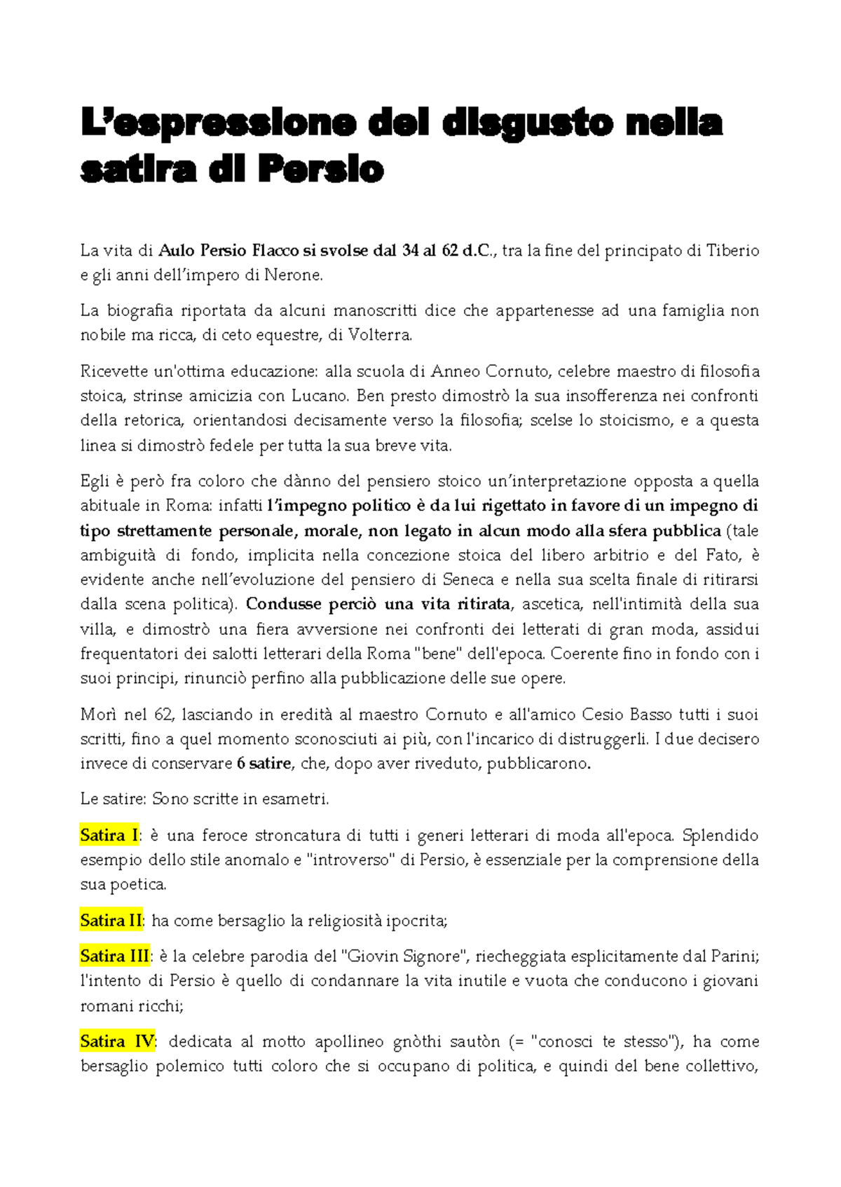 Le Satire di Persio: Analisi e Temi Principali - Studocu