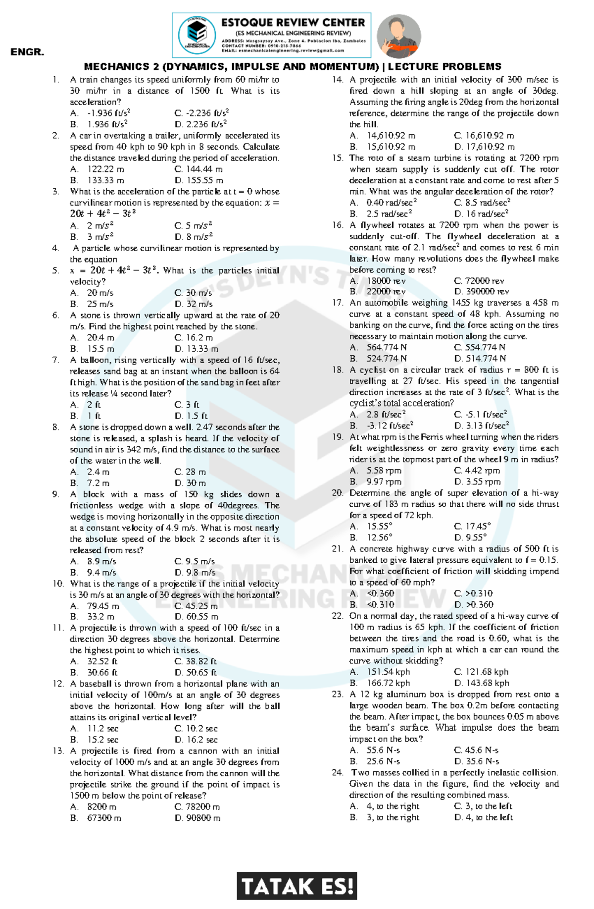 DAY 20 - Mechanics 2 (Dynamics, Impulse & Momentum) | Lecture Problems - Studocu