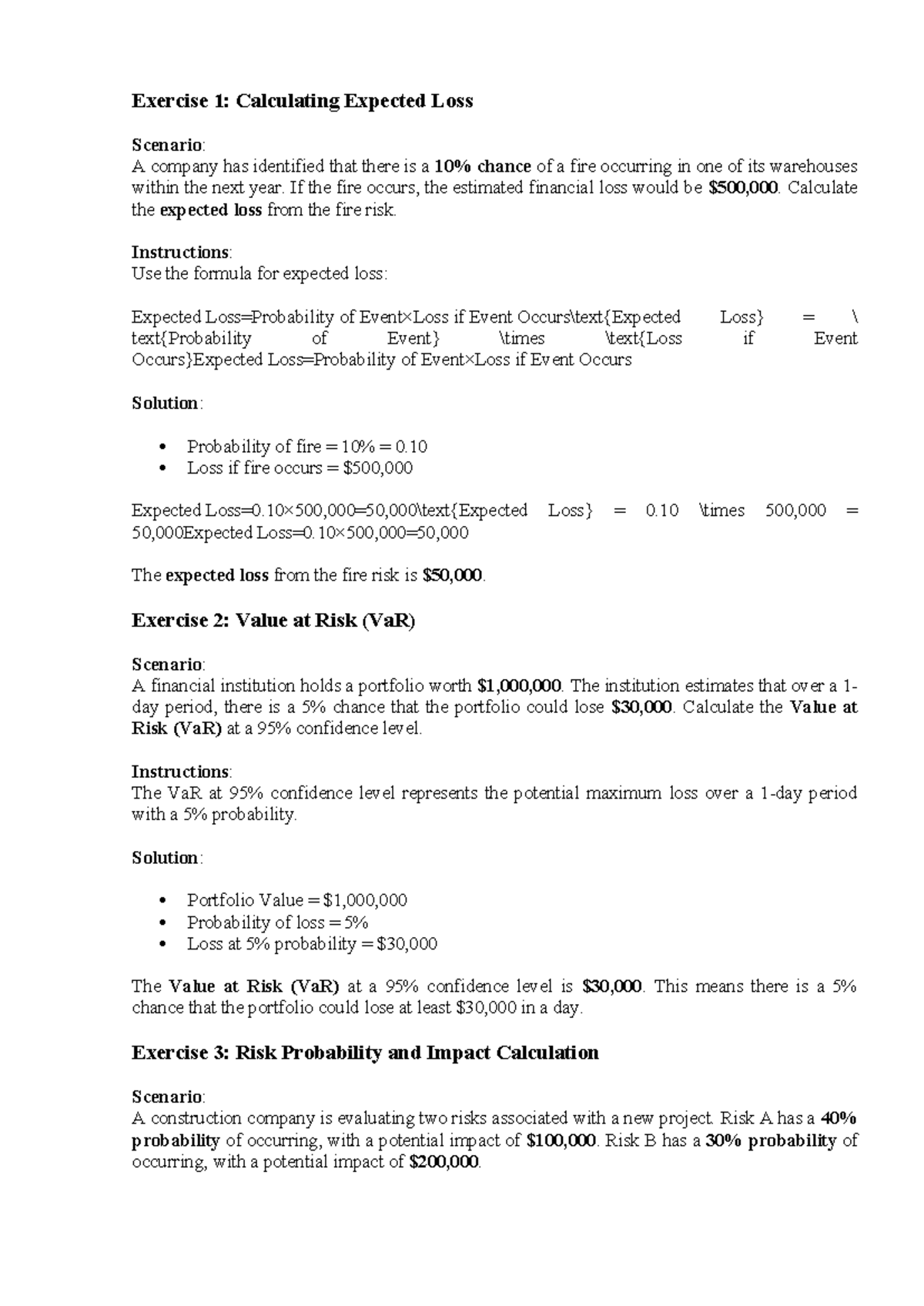 Risk Management Exercises with Solutions (RM 101) - Studocu