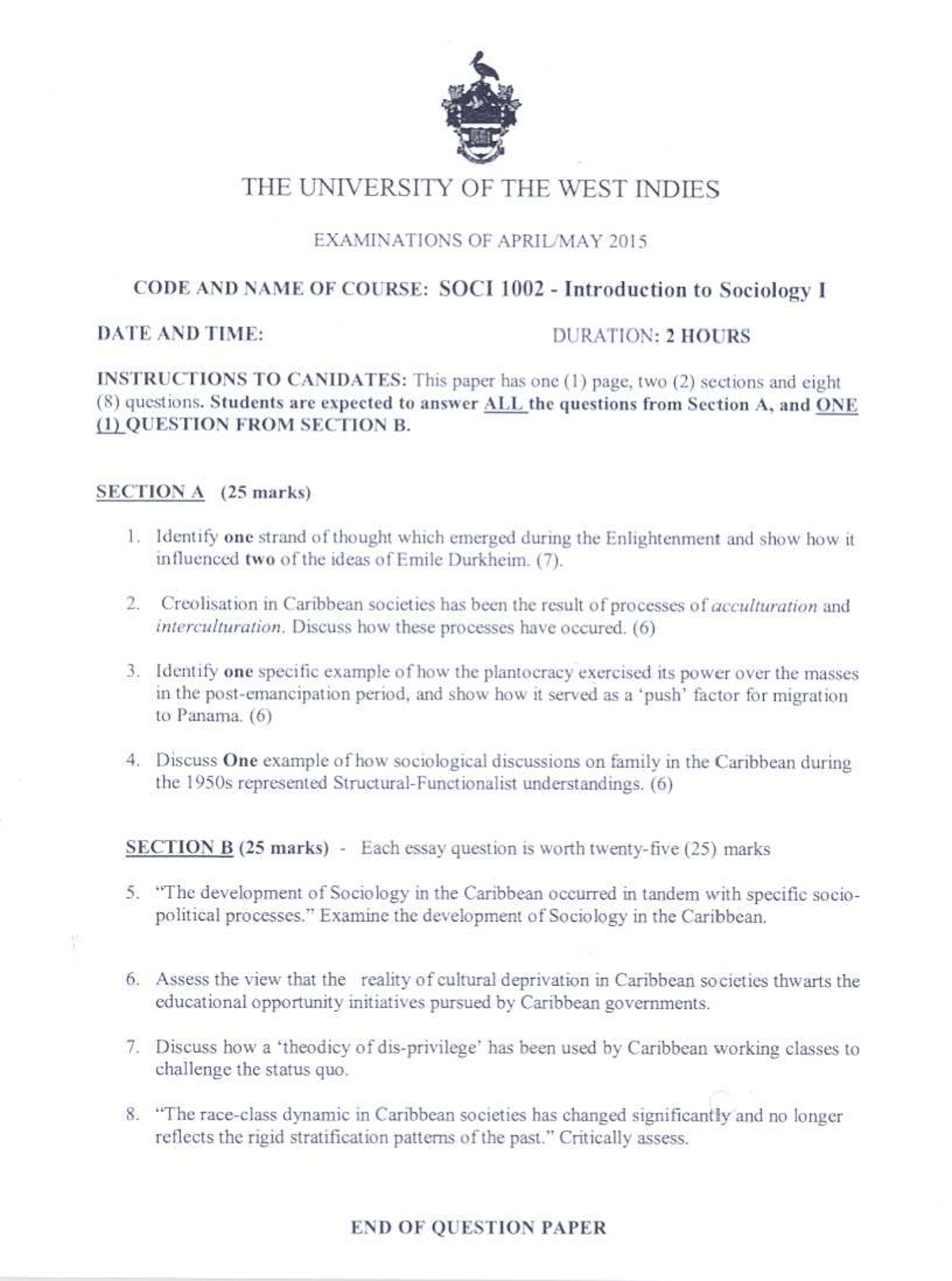 SOCI 1002 2015 - Exam Paper: Introduction to Sociology I - Studocu