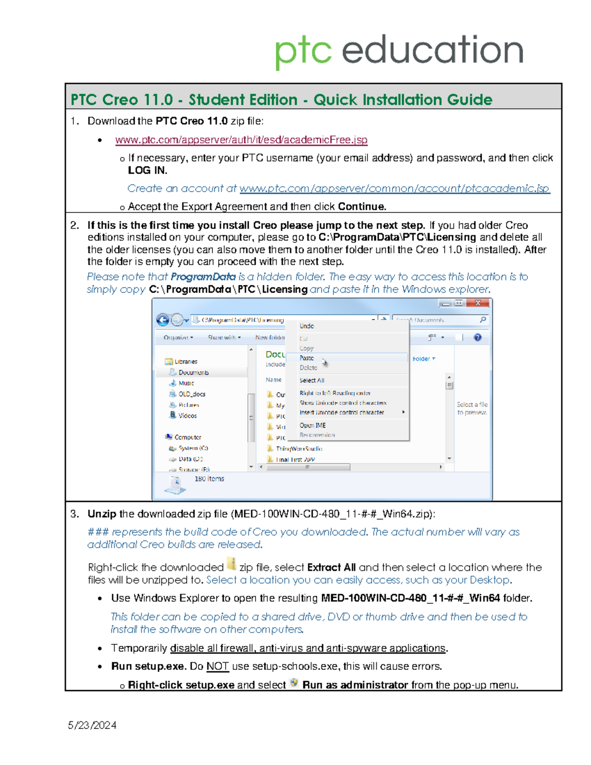 Installing PTC Creo 11.0 - Student Edition: Quick Guide - Studocu