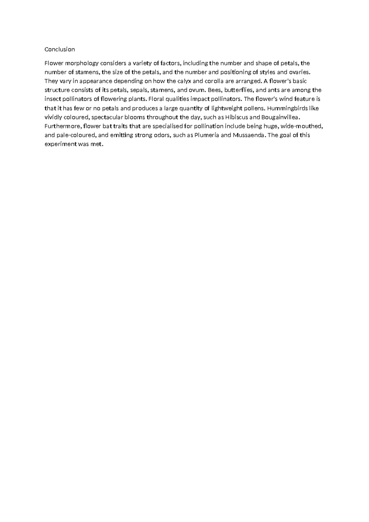 Conclusion of BIO Flower Morphology Study - Studocu