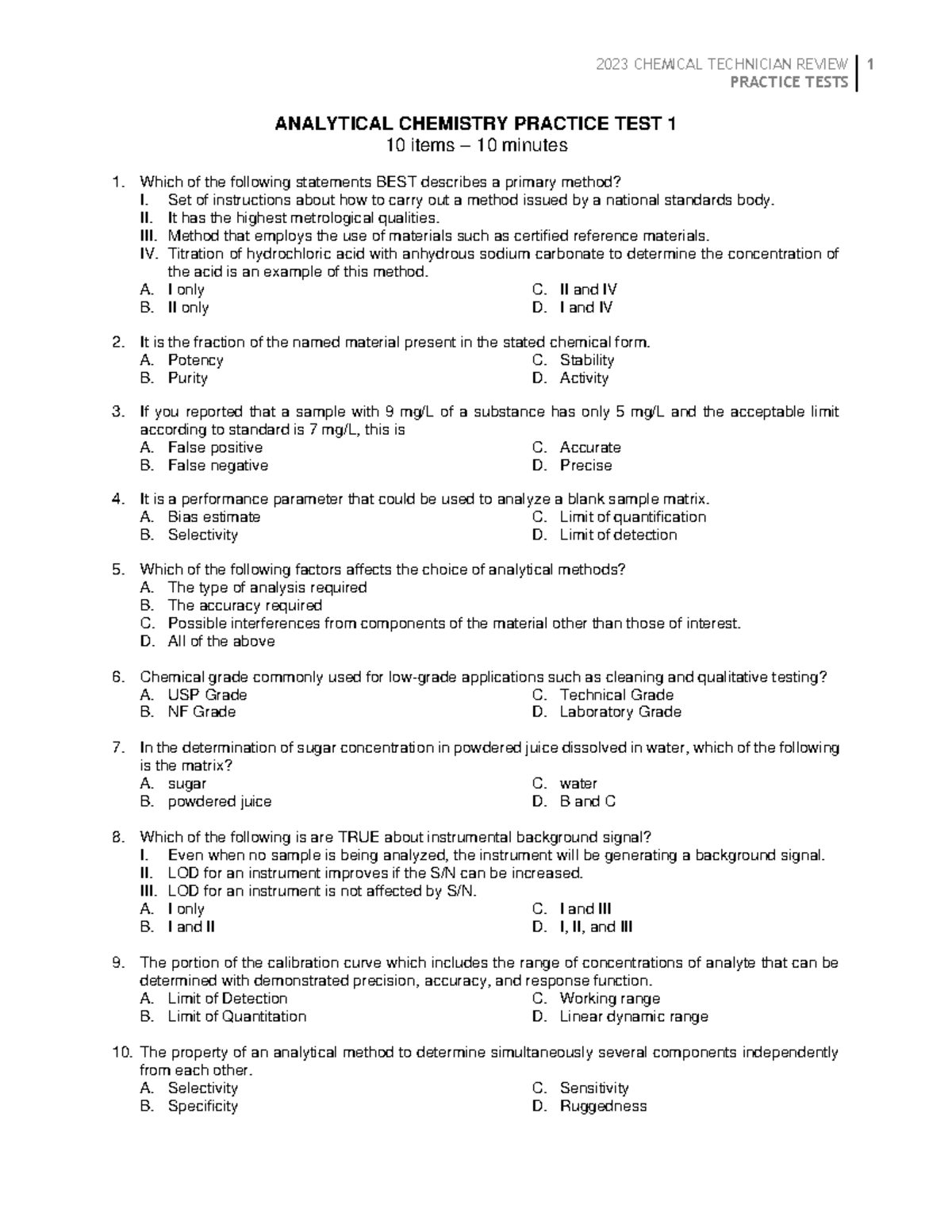 Ch 1 Analytical Chemistry Practice Test - 2023 Review - Studocu