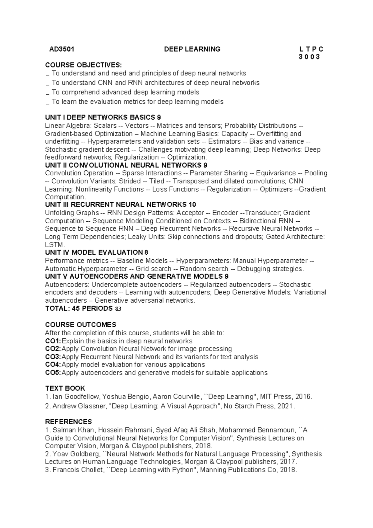 AD3501 Deep Learning Syllabus for 3rd Year - Course Overview 2021 - Studocu