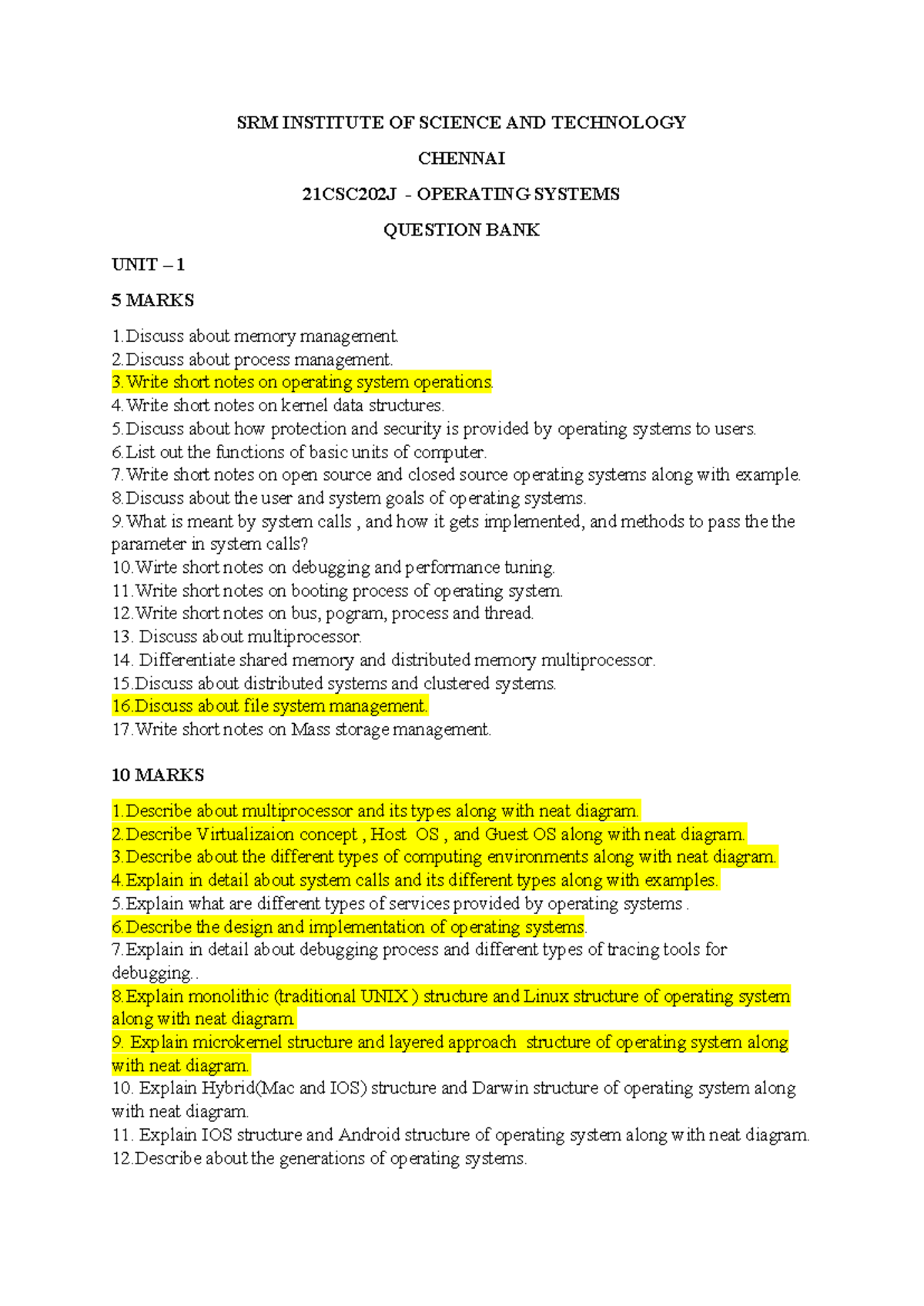 21CSC202J - OS Unit 1 Question Bank and Answer Guide - Studocu