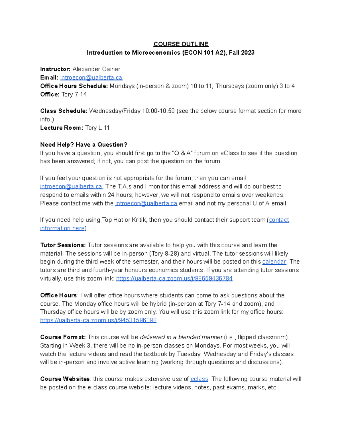 Fall 2023 ECON 101 A2 Course Outline: Introduction to Microeconomics ...