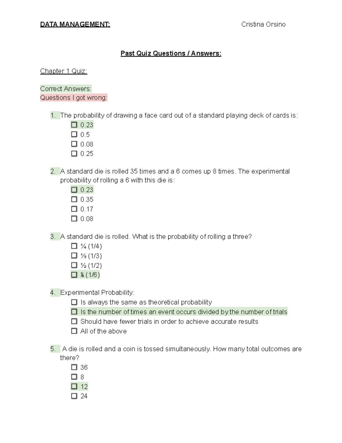 Math Quiz Questions and Answers - Probabilities & Outcomes Review - Studocu