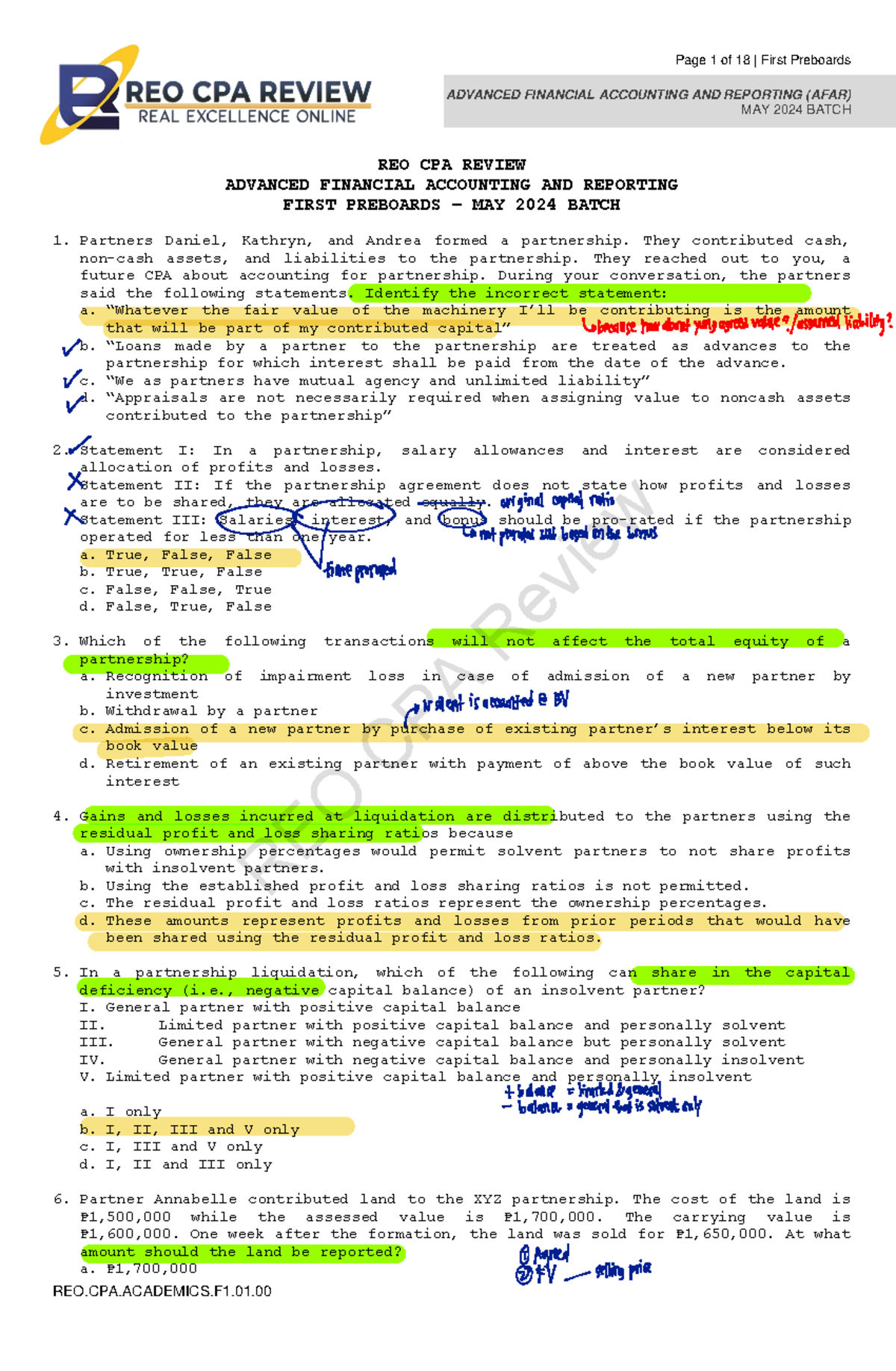 Annotated Answer Key for First Preboard - AFAR (May 2024 Batch) - Studocu