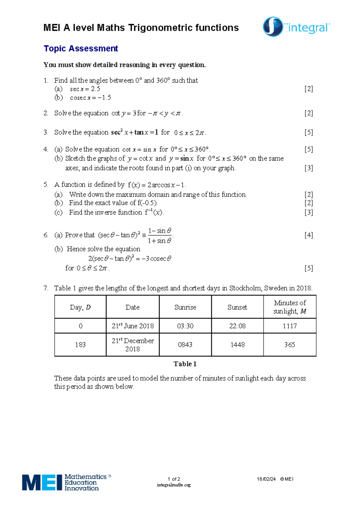 Trigonometric Functions Assessment - MEI A Level Maths - Studocu
