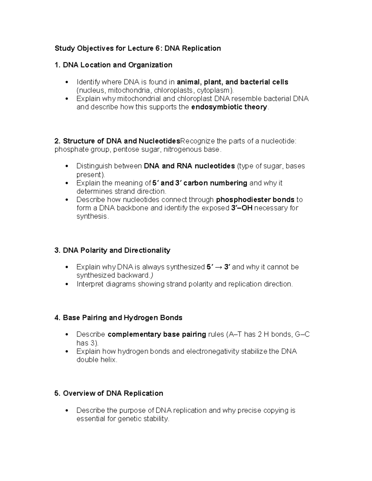 Study Objectives for Lecture 6: DNA Replication and Structure - Studocu