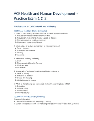 VCE Health and Human Development Practice Exam Answers 2025 - Studocu