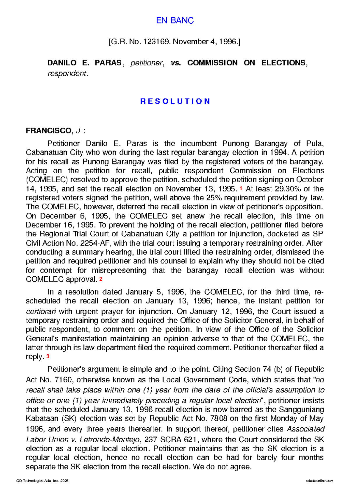 EN BANC No. 123169: Paras vs. Commission on Elections Resolution - Studocu