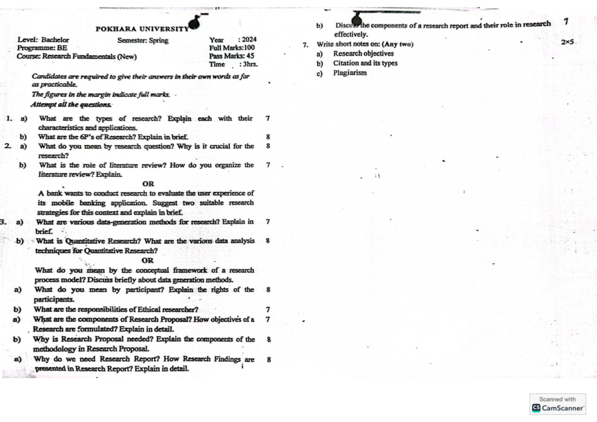 POKHARA UNIVERSITY BE Research Fundamentals & Numerical Methods Q Paper ...
