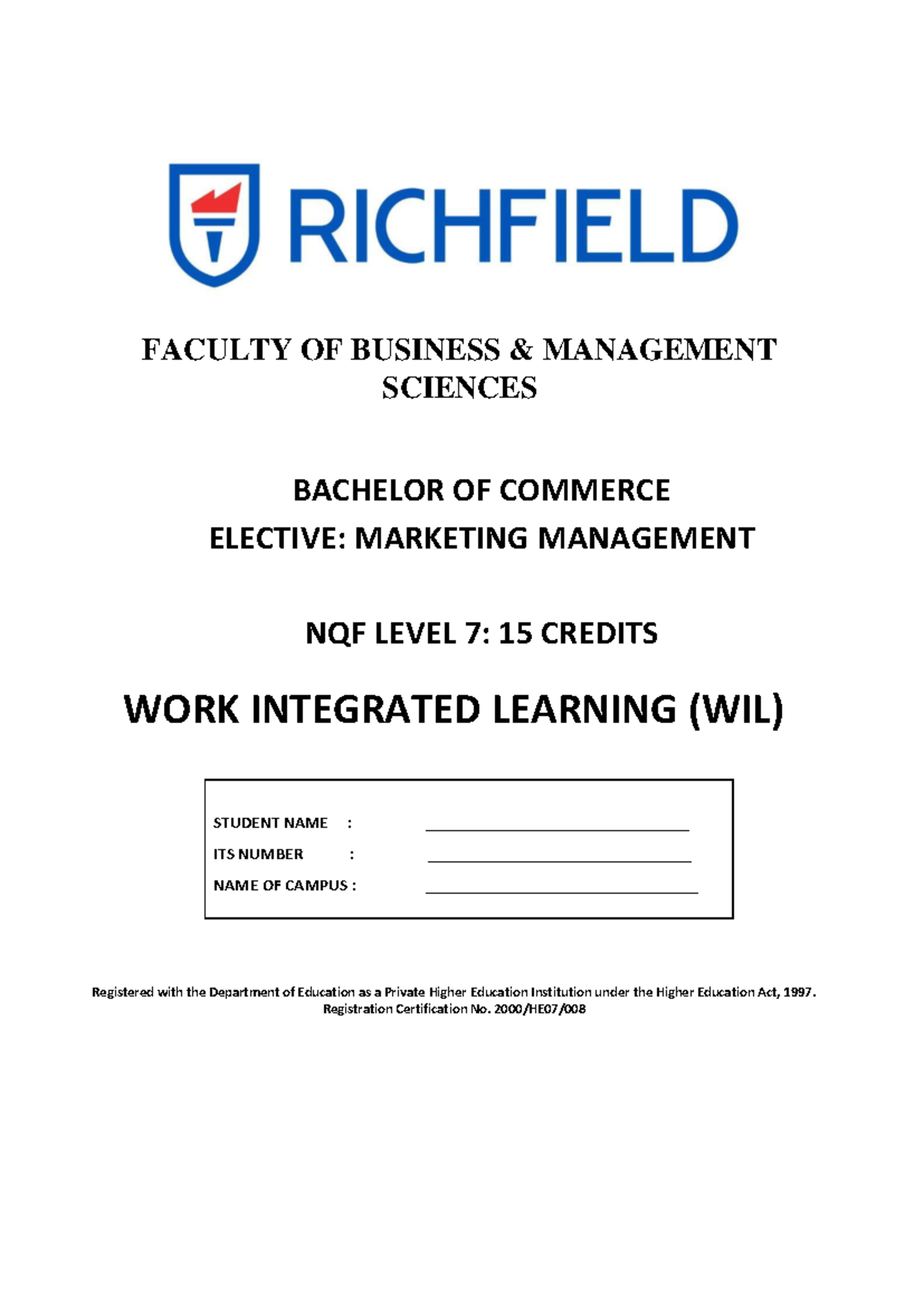 BCOM WIL Logbook: Marketing Management Assessment Guide - Studocu